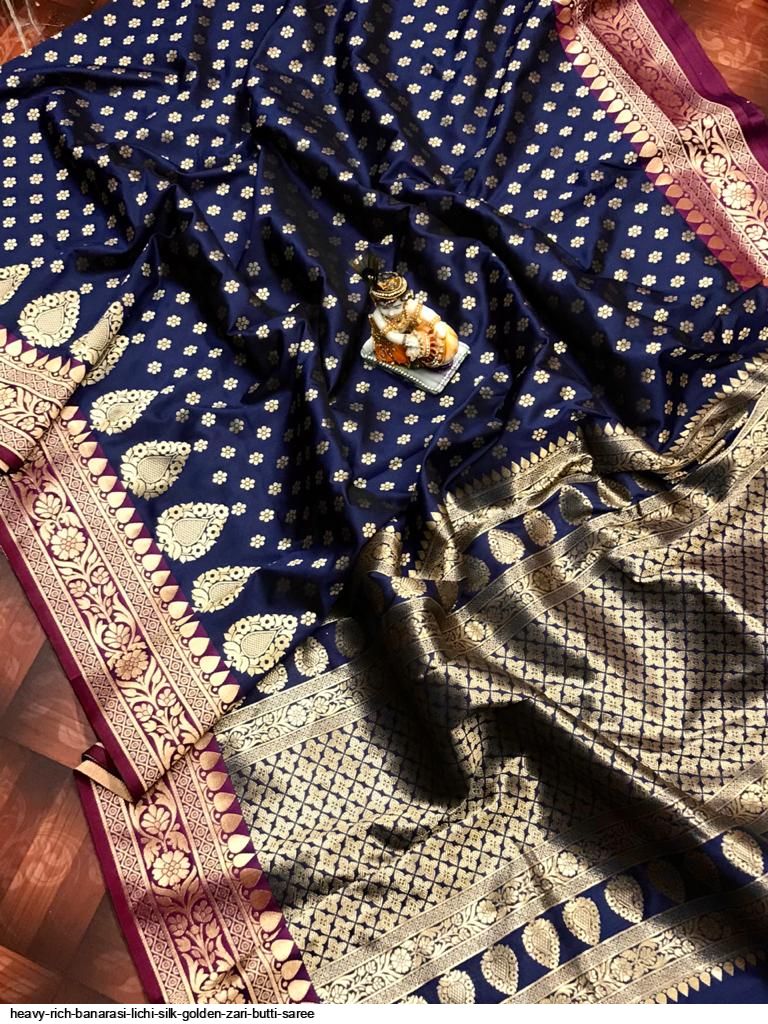 Heavy rich banarasi lichi silk golden Zari Butti saree
