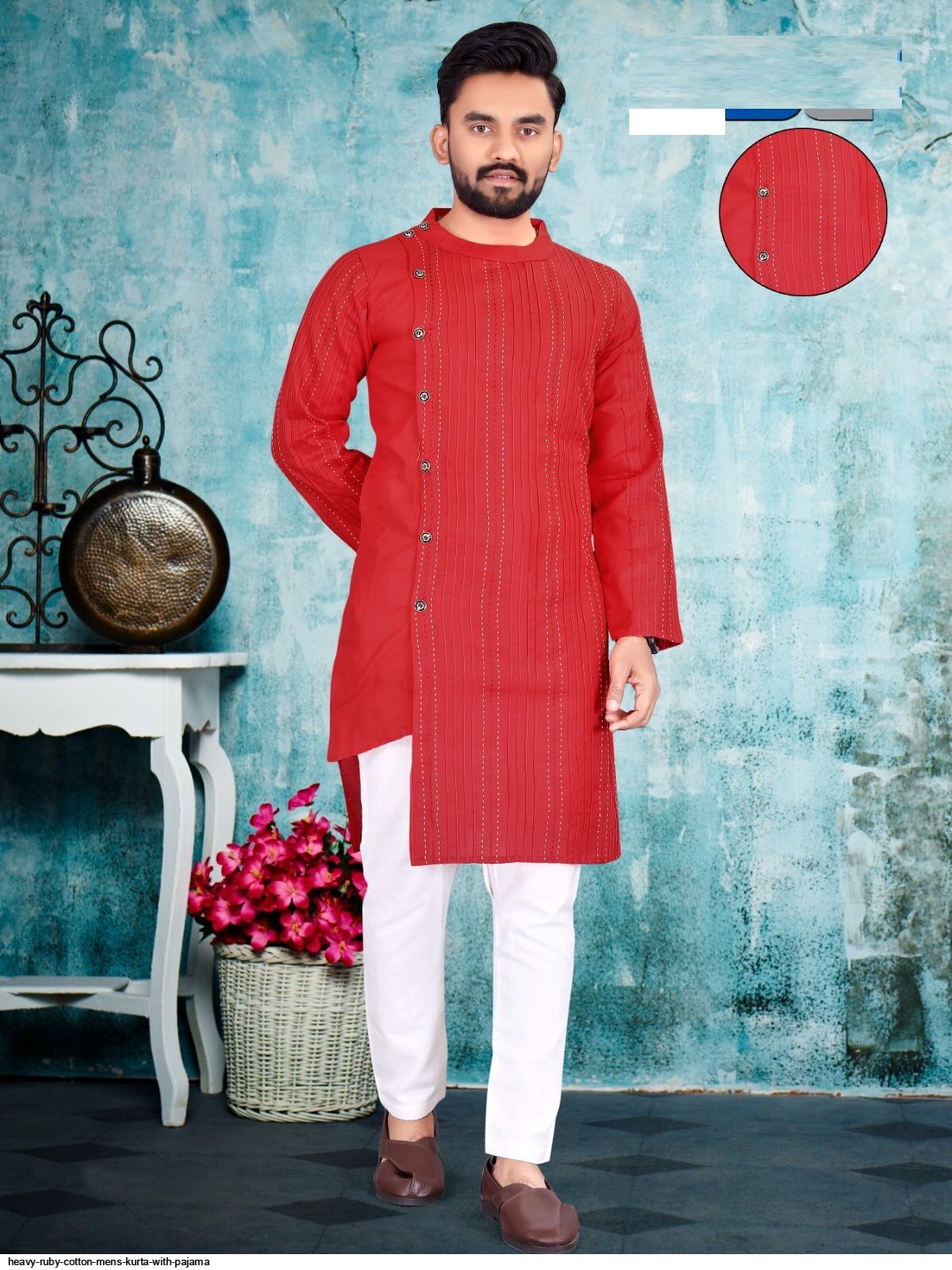 heavy ruby cotton mens kurta with pajama