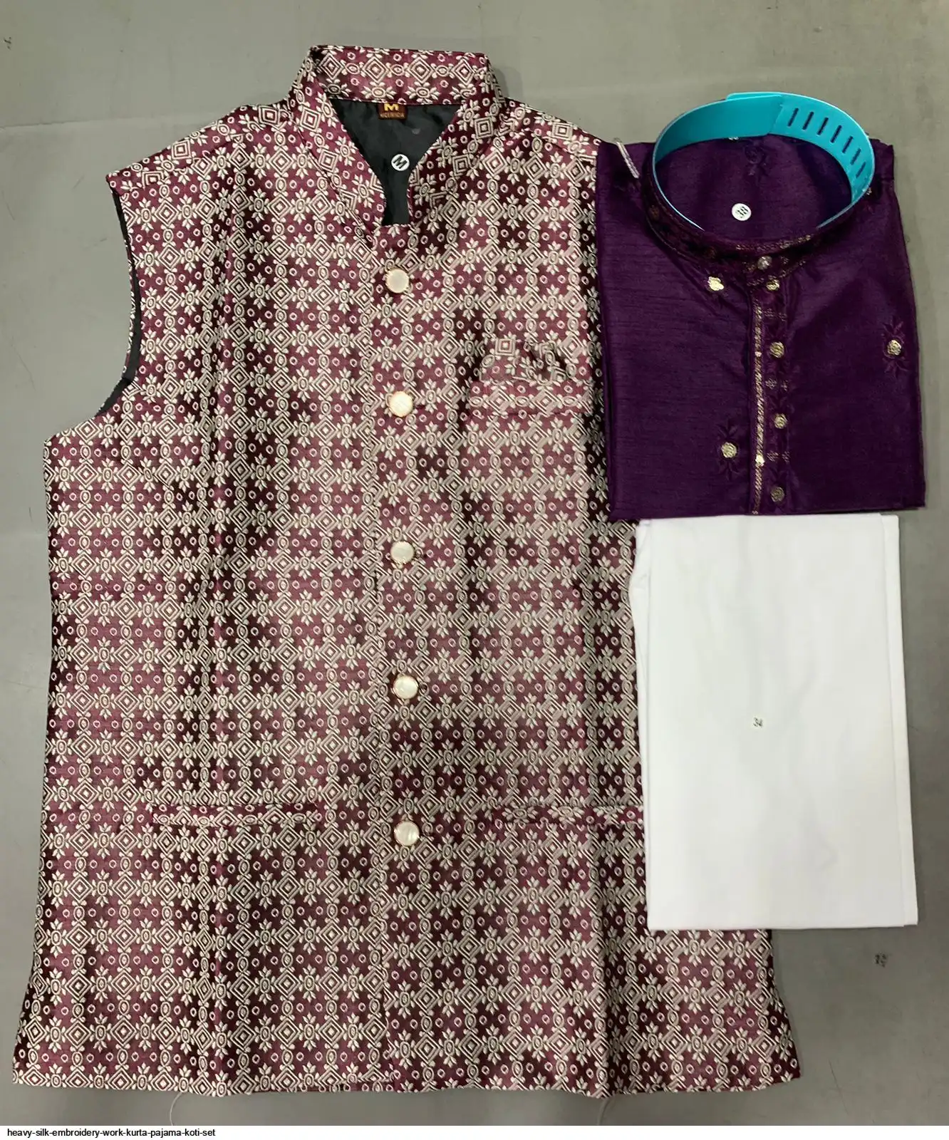HEAVY SILK EMBROIDERY WORK KURTA PAJAMA KOTI SET