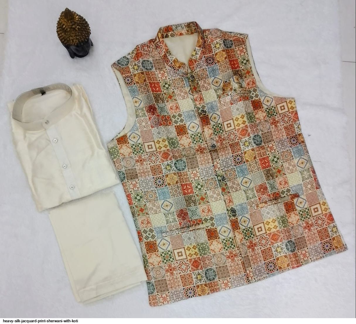 HEAVY SILK jacquard print Sherwani WITH KOTI