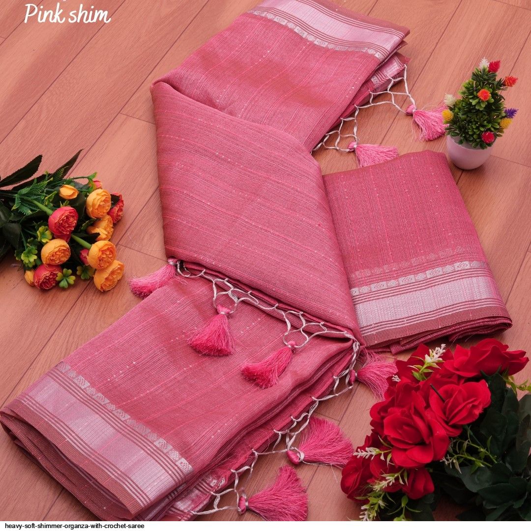heavy soft shimmer organza with crochet saree