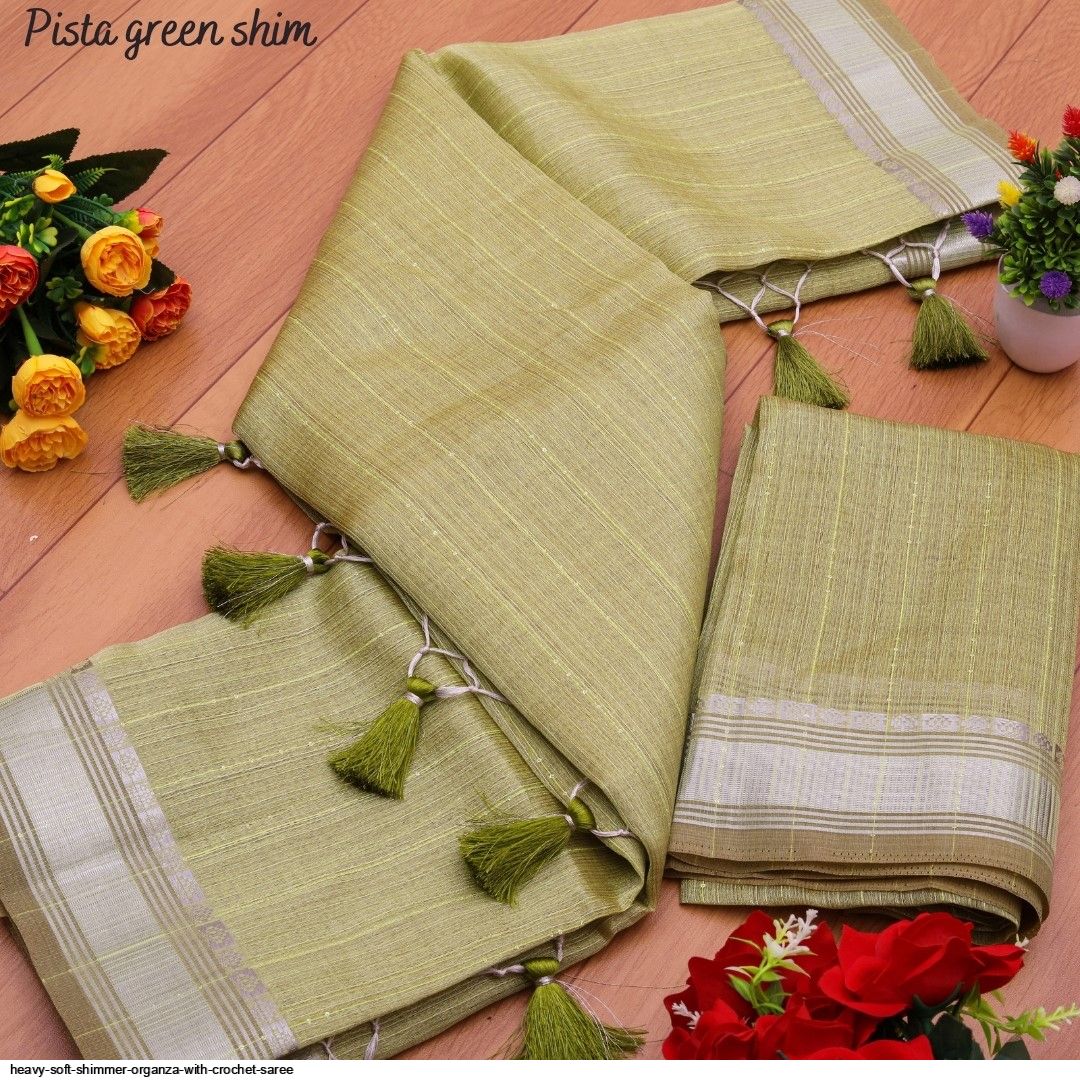 heavy soft shimmer organza with crochet saree