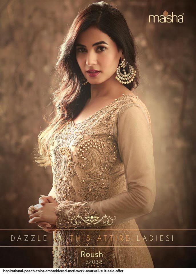 Inspirational Peach Color Embroidered Moti Work Anarkali Suit sale Offer