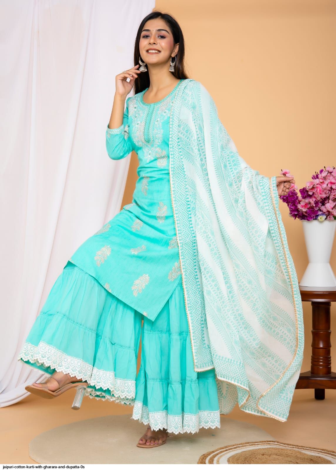 JAIPURI COTTON KURTI WITH GHARARA AND DUPATTA 0S
