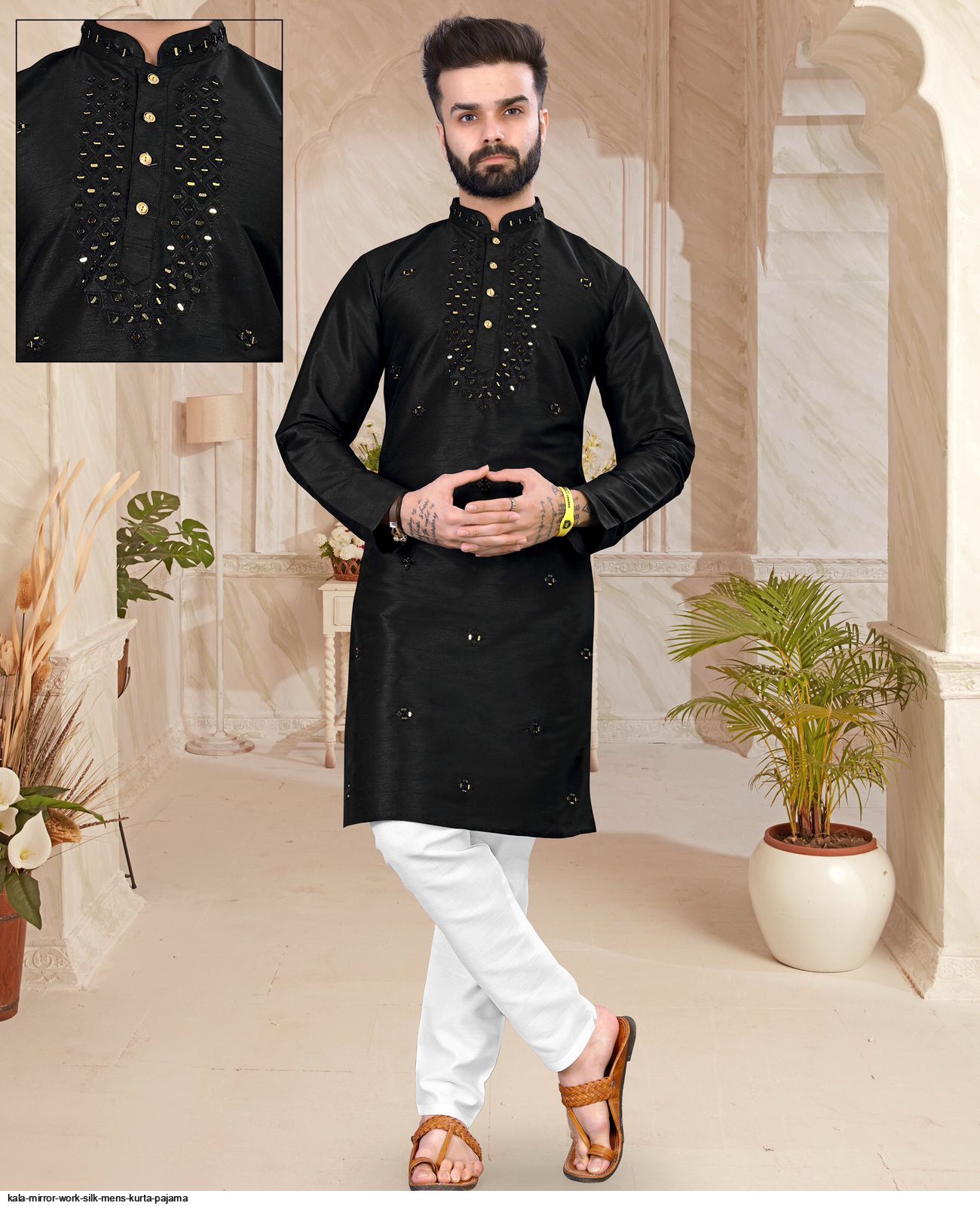 kala mirror work SILK MENS KURTA PAJAMA