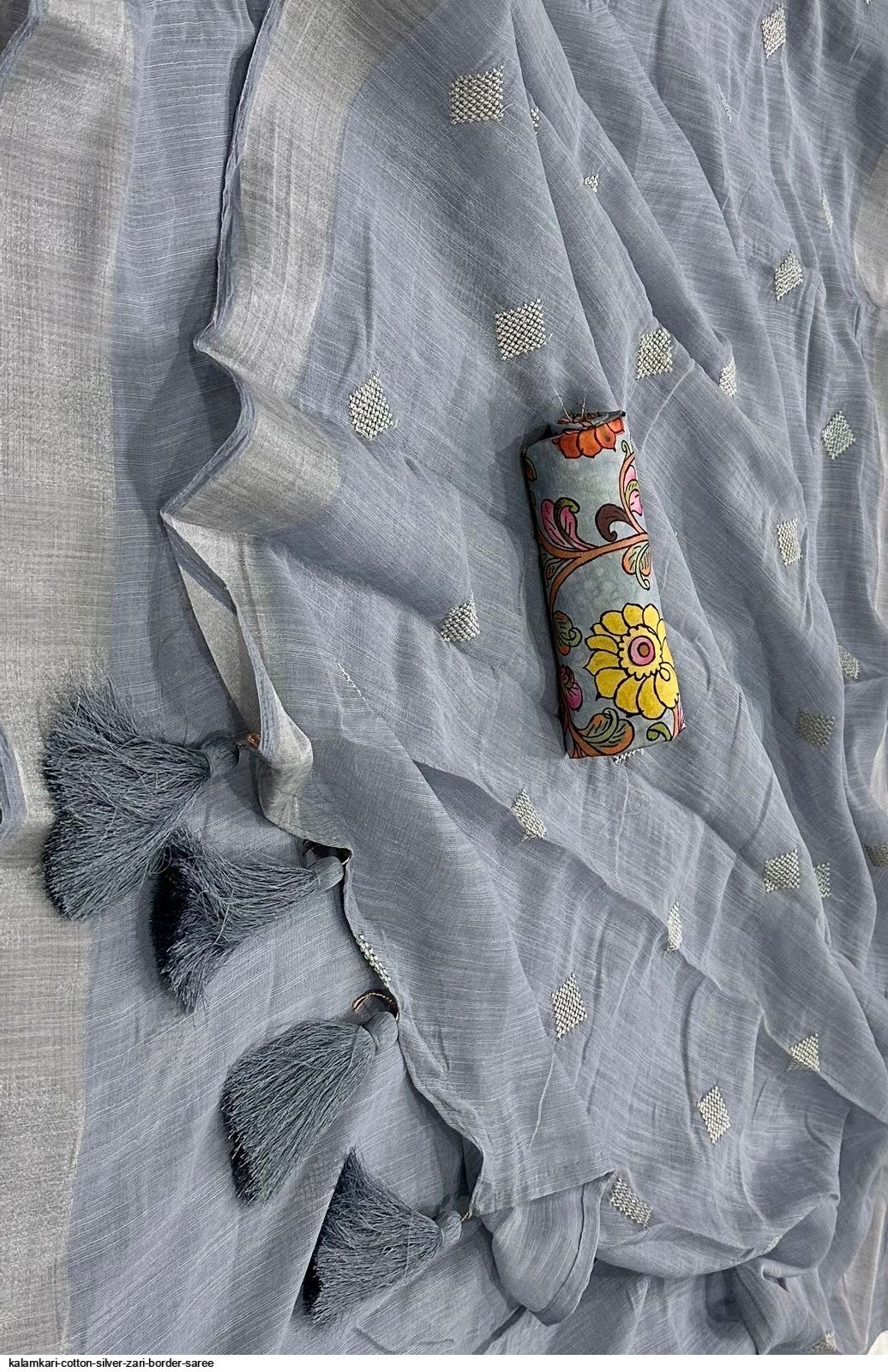 KALAMKARI COTTON SILVER ZARI BORDER SAREE