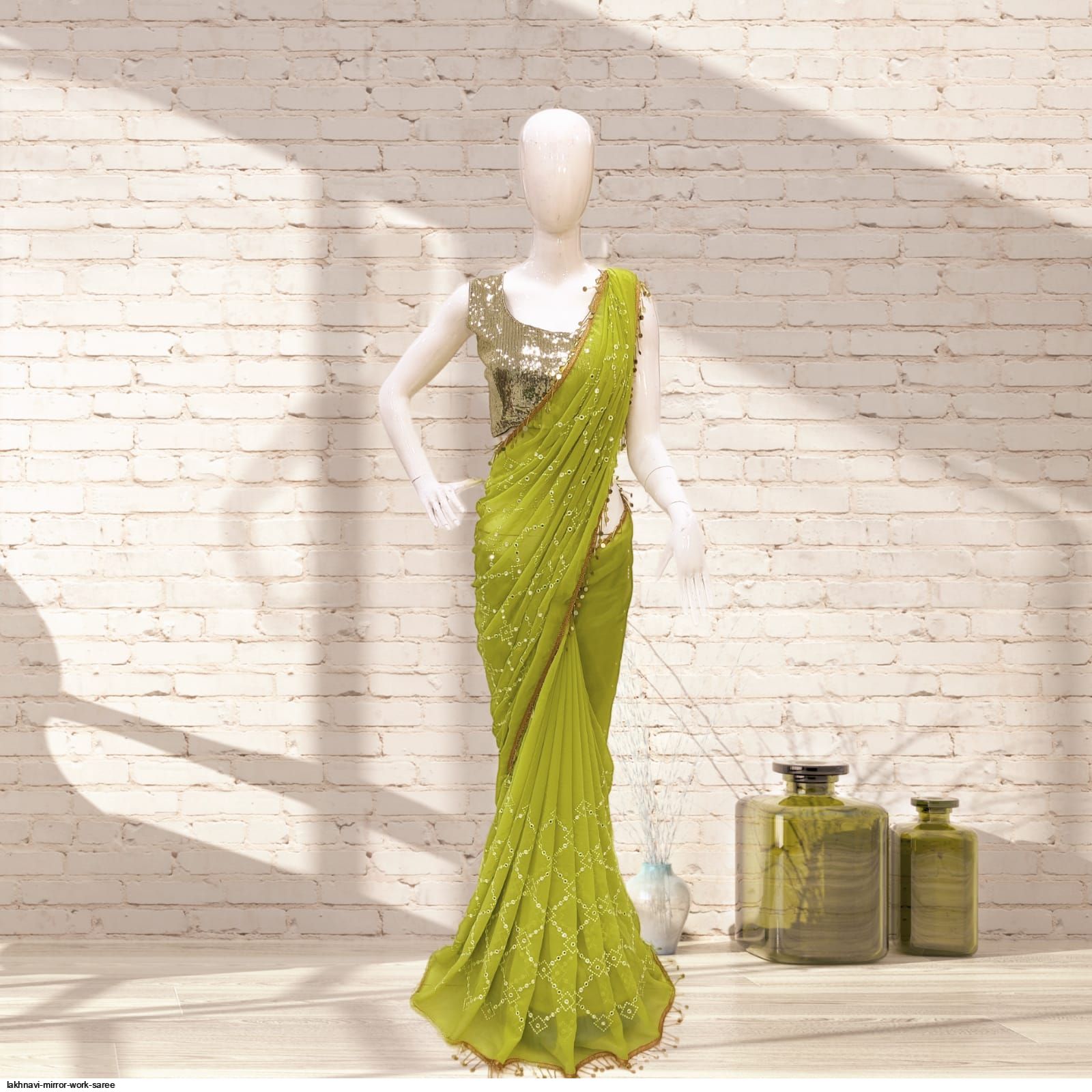 Lakhnavi mirror work saree