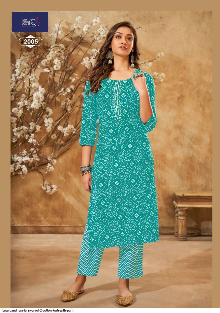 LARQI BANDHANI LEHRIYA VOL 2 COTTON KURTI WITH PANT