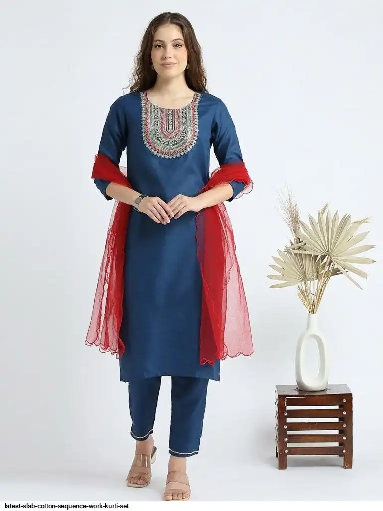 LATEST Slab Cotton Sequence Work KURTI SET