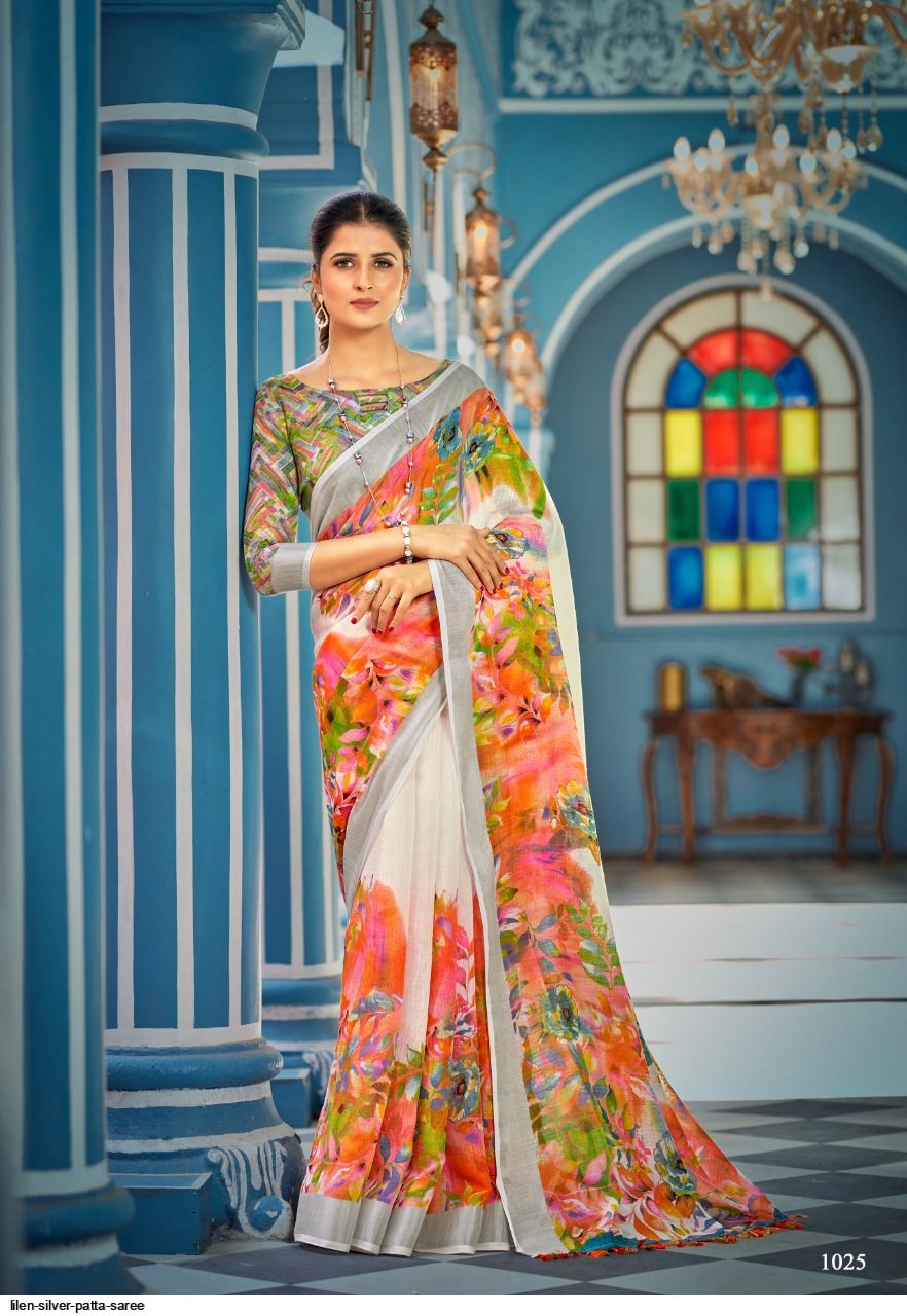 Lilen silver patta saree