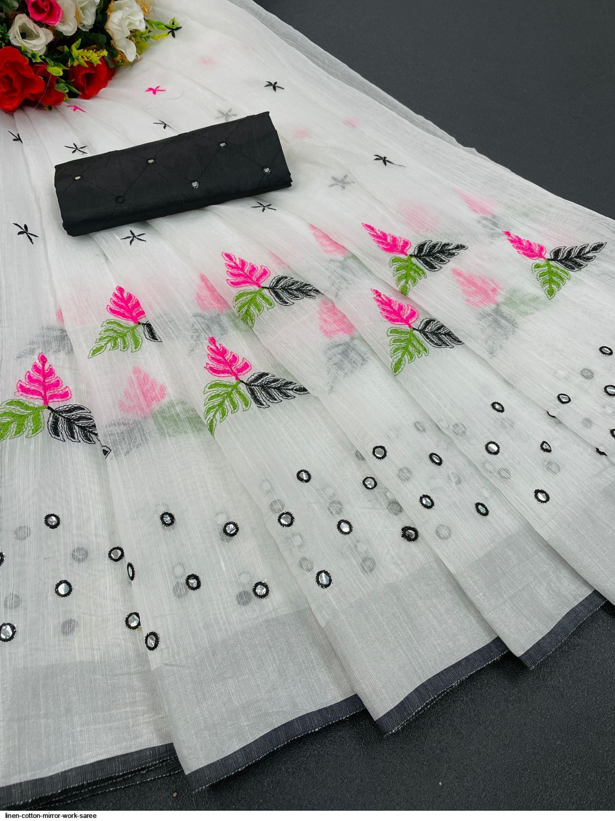 LINEN COTTON MIRROR WORK SAREE