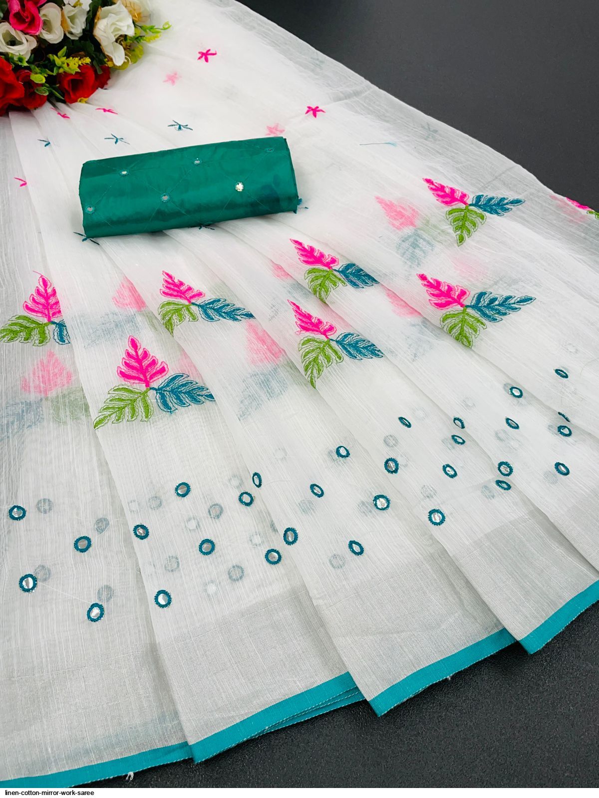 LINEN COTTON MIRROR WORK SAREE