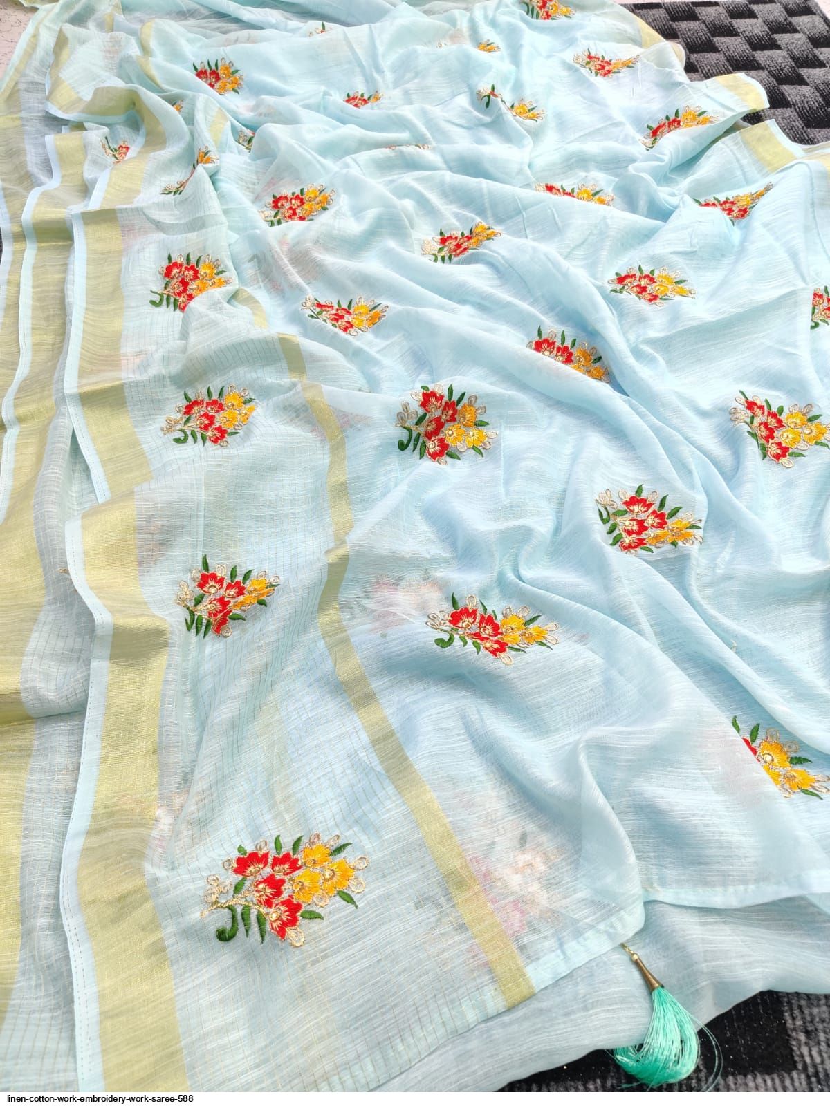 Linen Cotton Work Embroidery Work saree 588