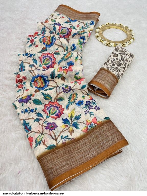 Linen Digital Print Silver Zari Border SAREE