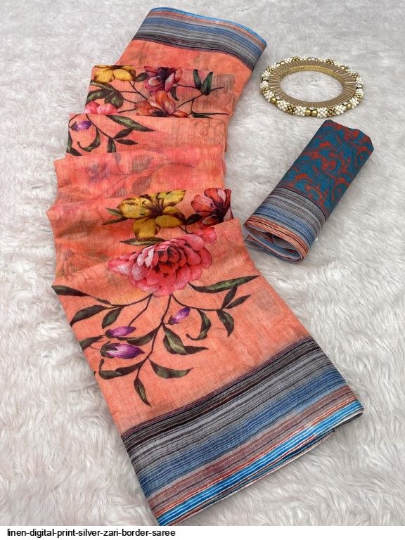 Linen Digital Print Silver Zari Border SAREE
