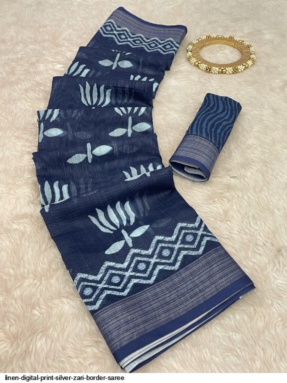 Linen Digital Print Silver Zari Border SAREE