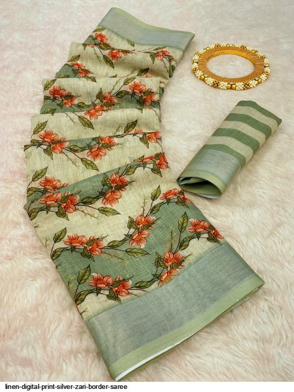 Linen Digital Print Silver Zari Border SAREE
