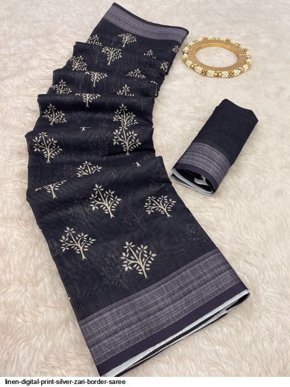 Linen Digital Print Silver Zari Border SAREE