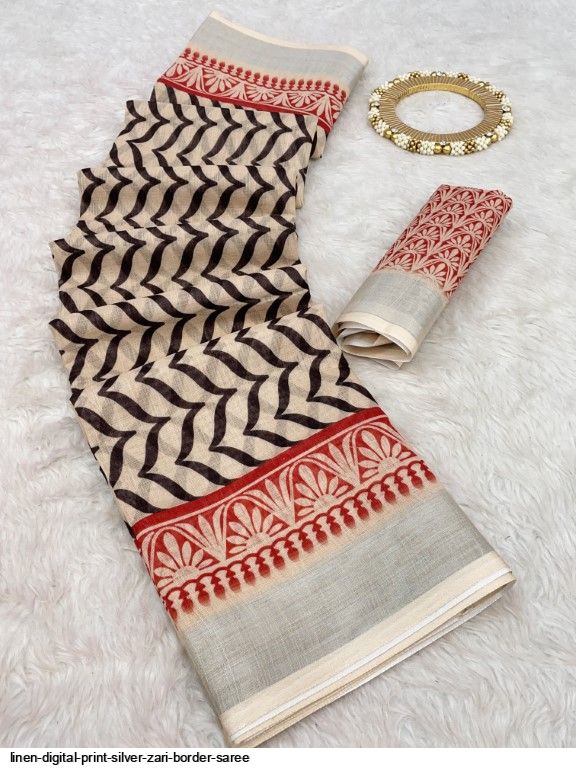 Linen Digital Print Silver Zari Border SAREE