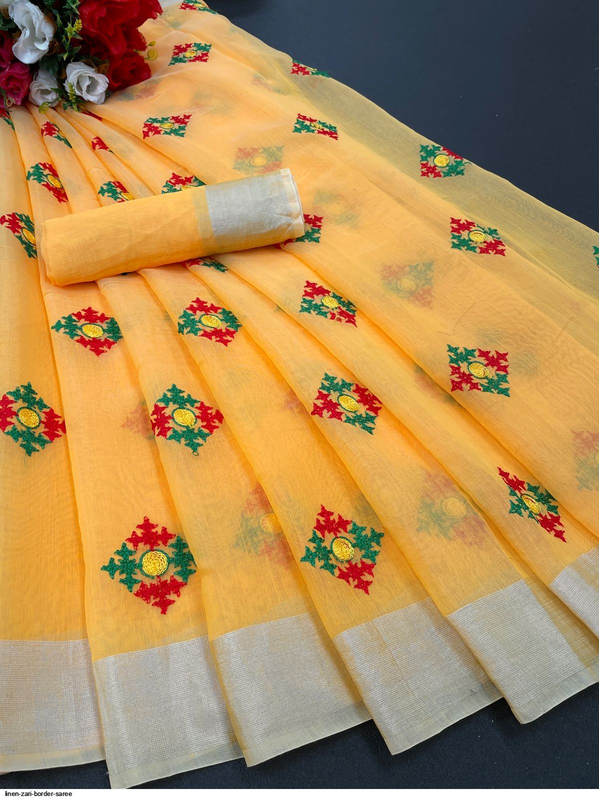 Linen zari border saree