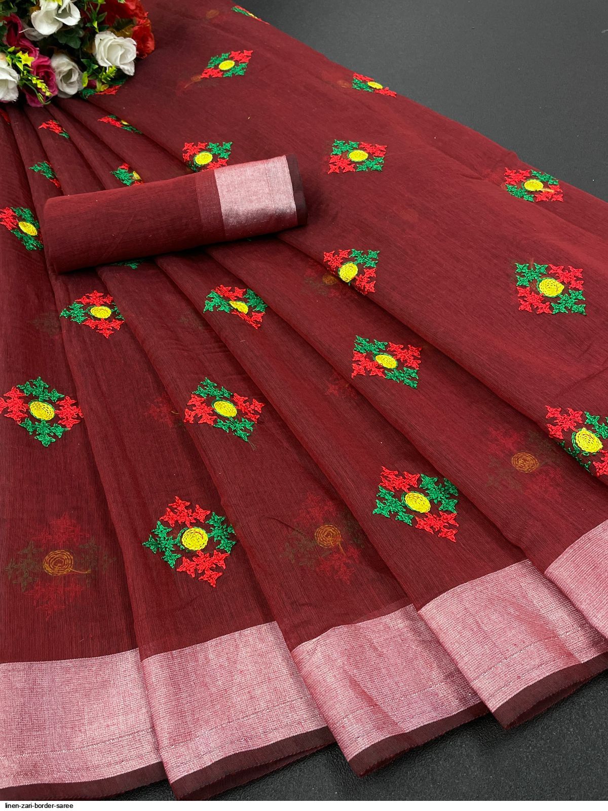 Linen zari border saree