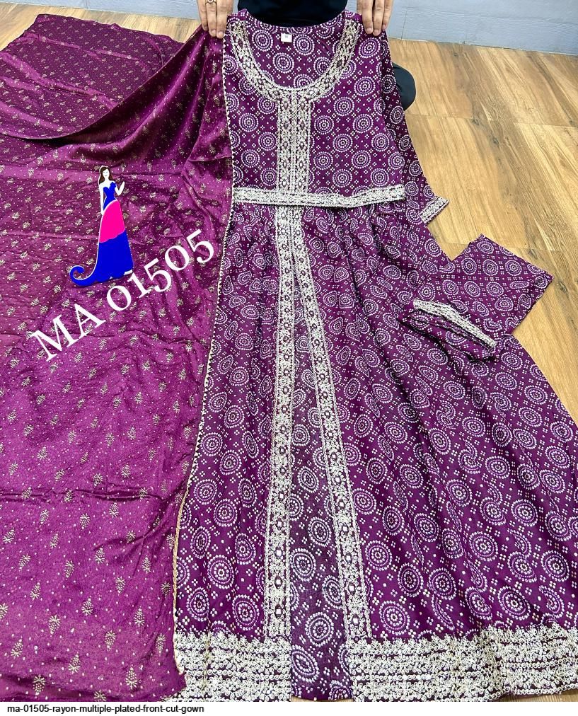 MA 01505 RAYON MULTIPLE PLATED FRONT CUT GOWN