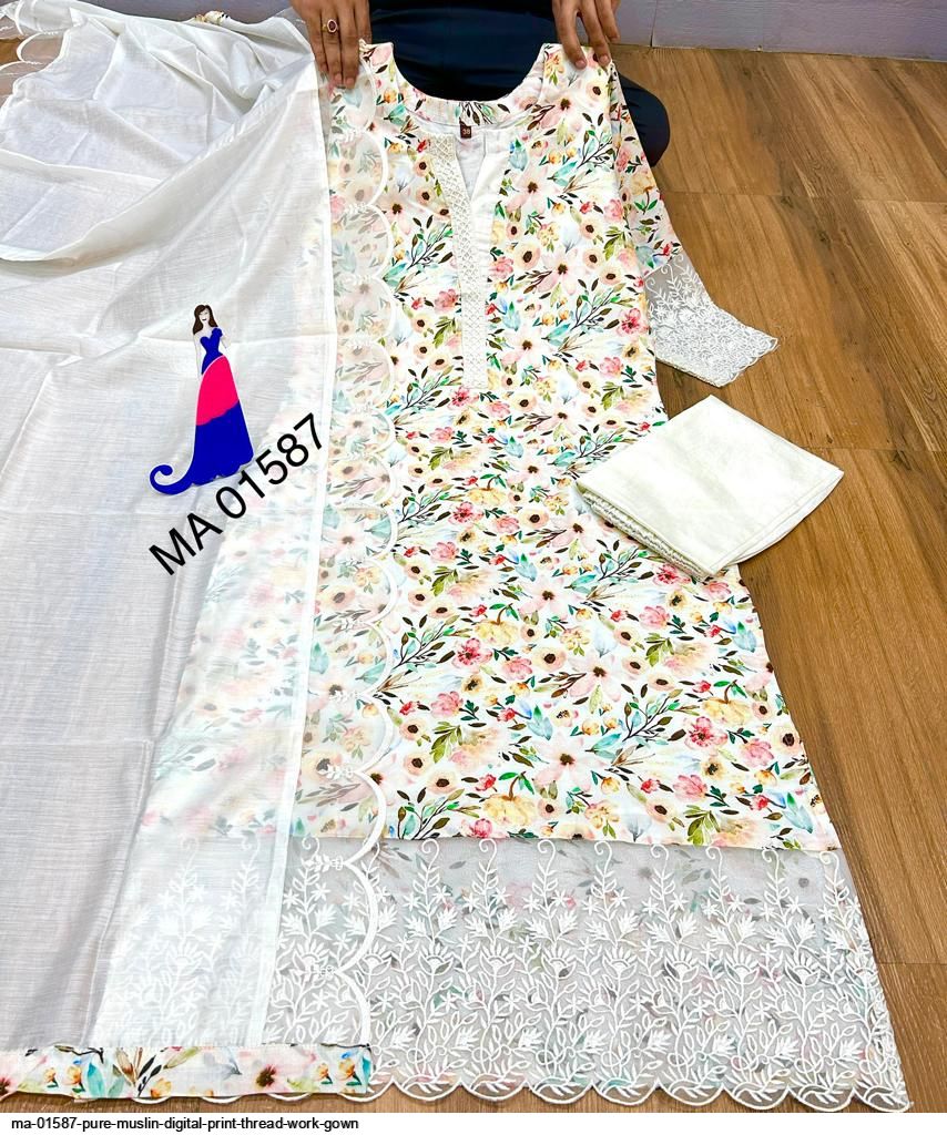 MA 01587 PURE MUSLIN DIGITAL PRINT THREAD WORK GOWN