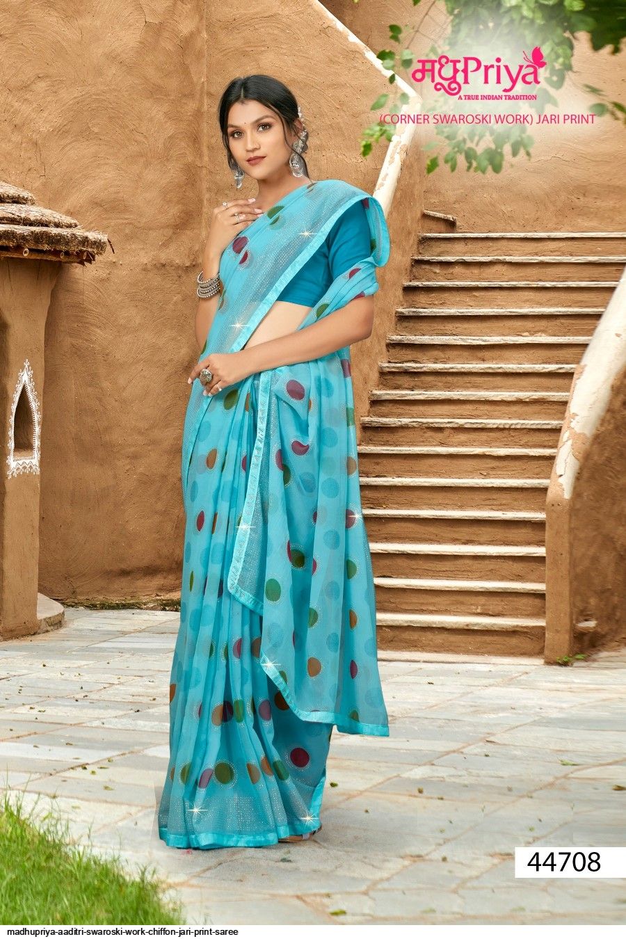 MADHUPRIYA AADITRI SWAROSKI WORK CHIFFON JARI PRINT SAREE