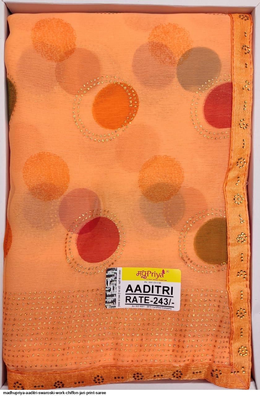 MADHUPRIYA AADITRI SWAROSKI WORK CHIFFON JARI PRINT SAREE