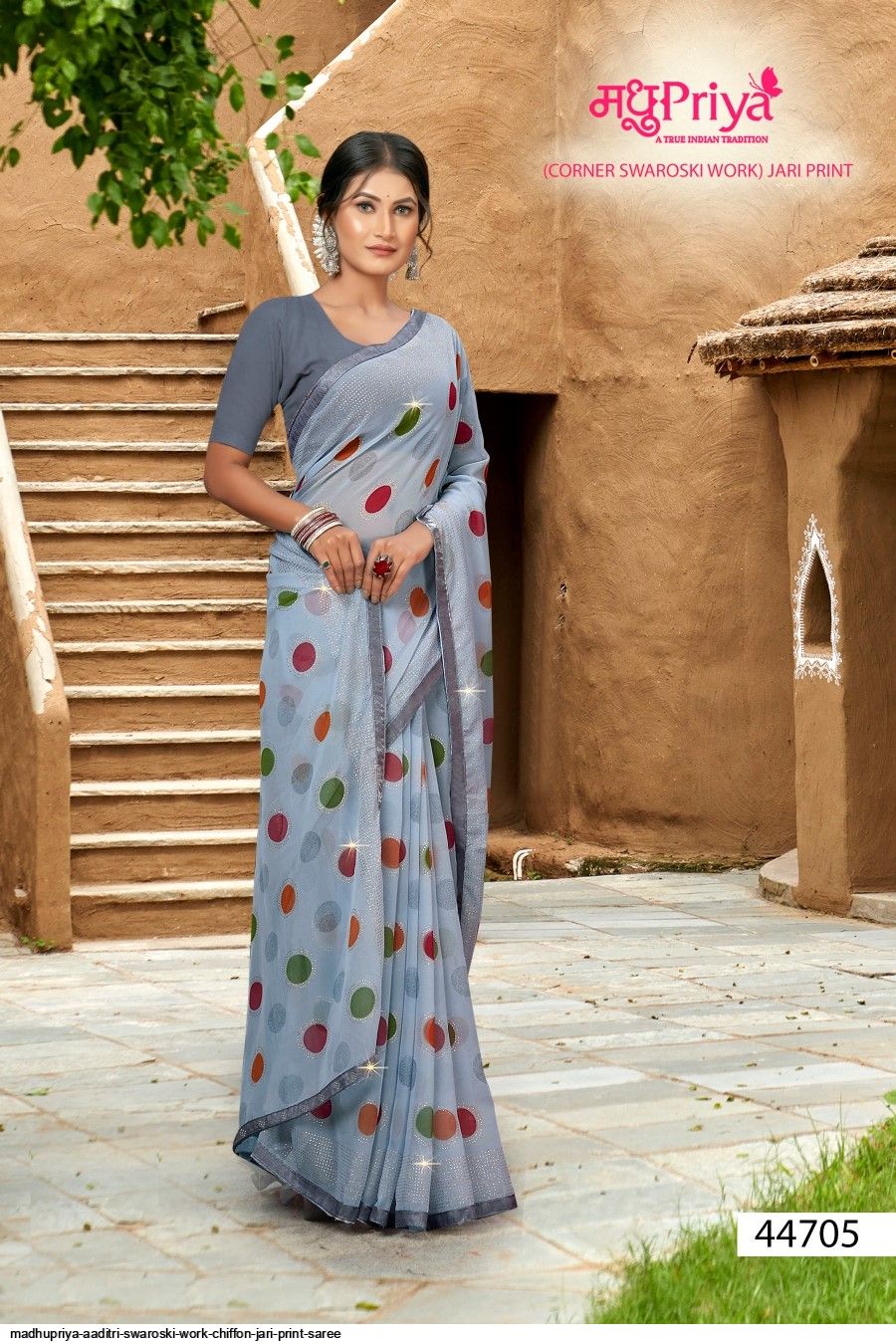 MADHUPRIYA AADITRI SWAROSKI WORK CHIFFON JARI PRINT SAREE