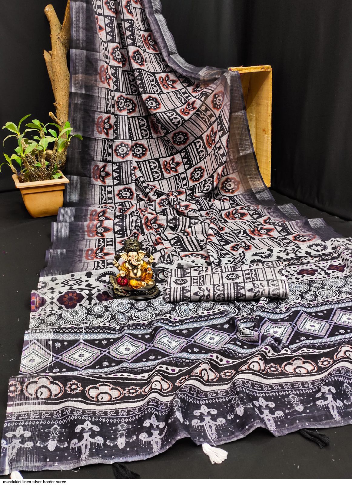 MANDAKINI LINEN SILVER BORDER SAREE