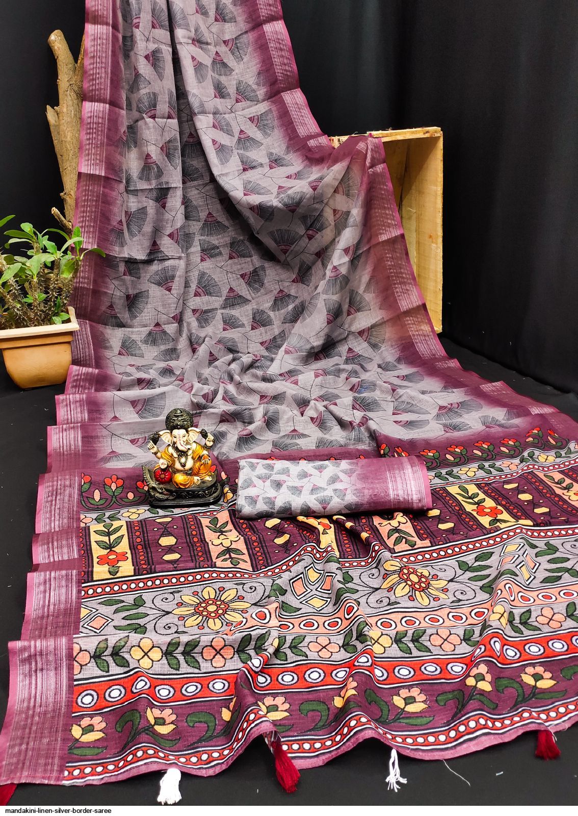 MANDAKINI LINEN SILVER BORDER SAREE