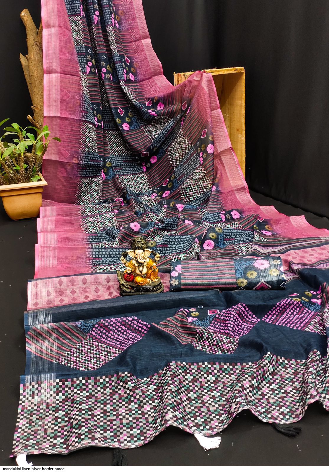 MANDAKINI LINEN SILVER BORDER SAREE