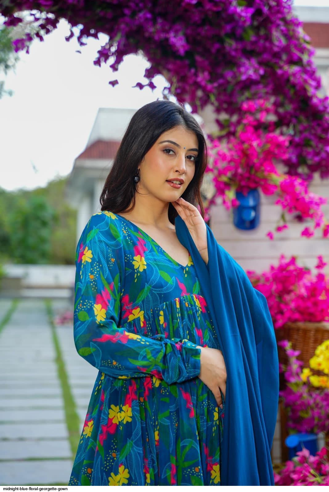 MIDNIGHT BLUE FLORAL GEORGETTE GOWN