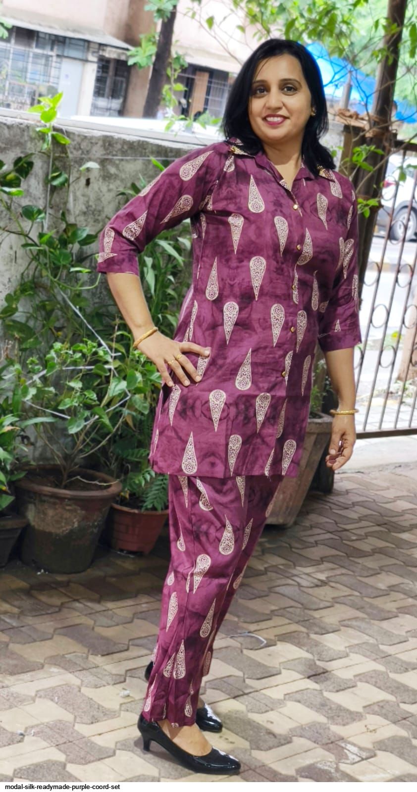 MODAL SILK READYMADE PURPLE COORD SET