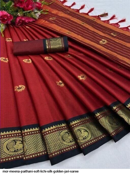 Mor meena Paithani soft lichi silk golden jari saree