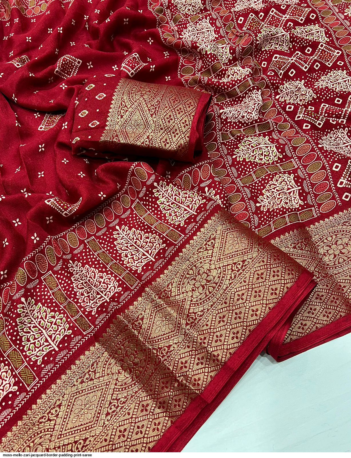 Moss mello ZARI JACQUARD BORDER Padding Print saree