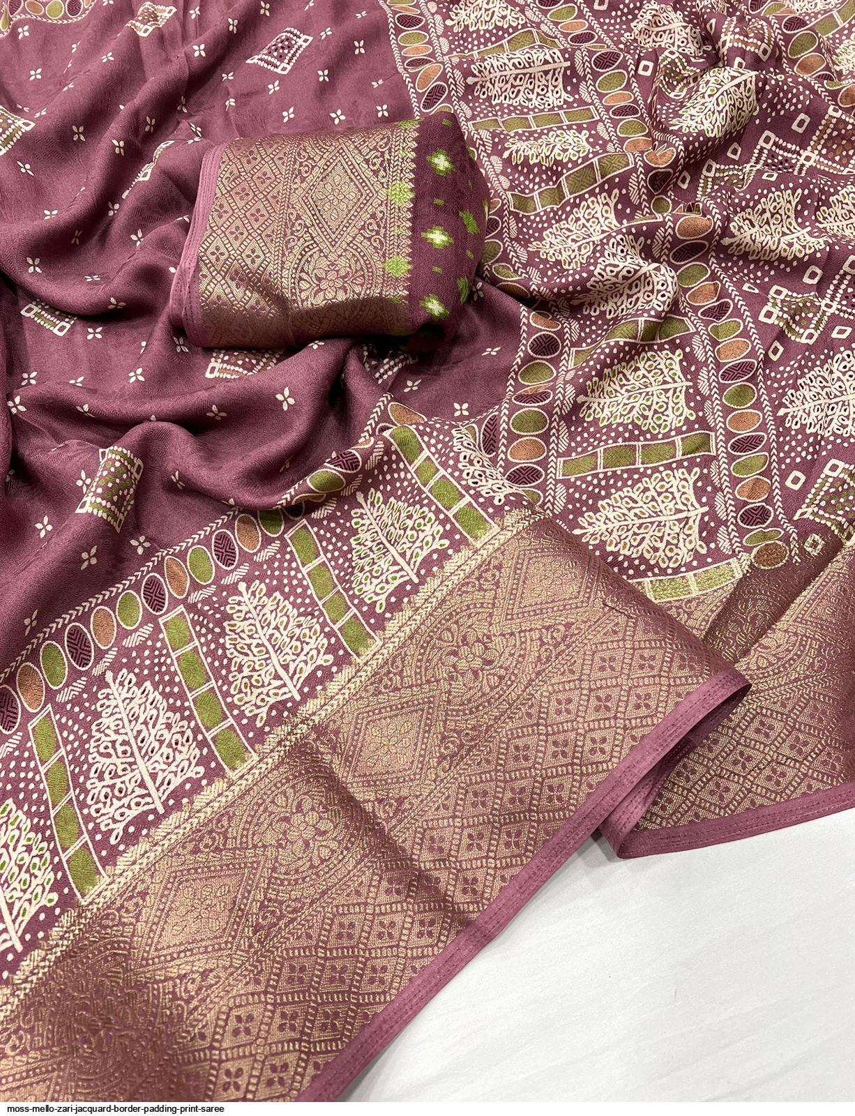 Moss mello ZARI JACQUARD BORDER Padding Print saree