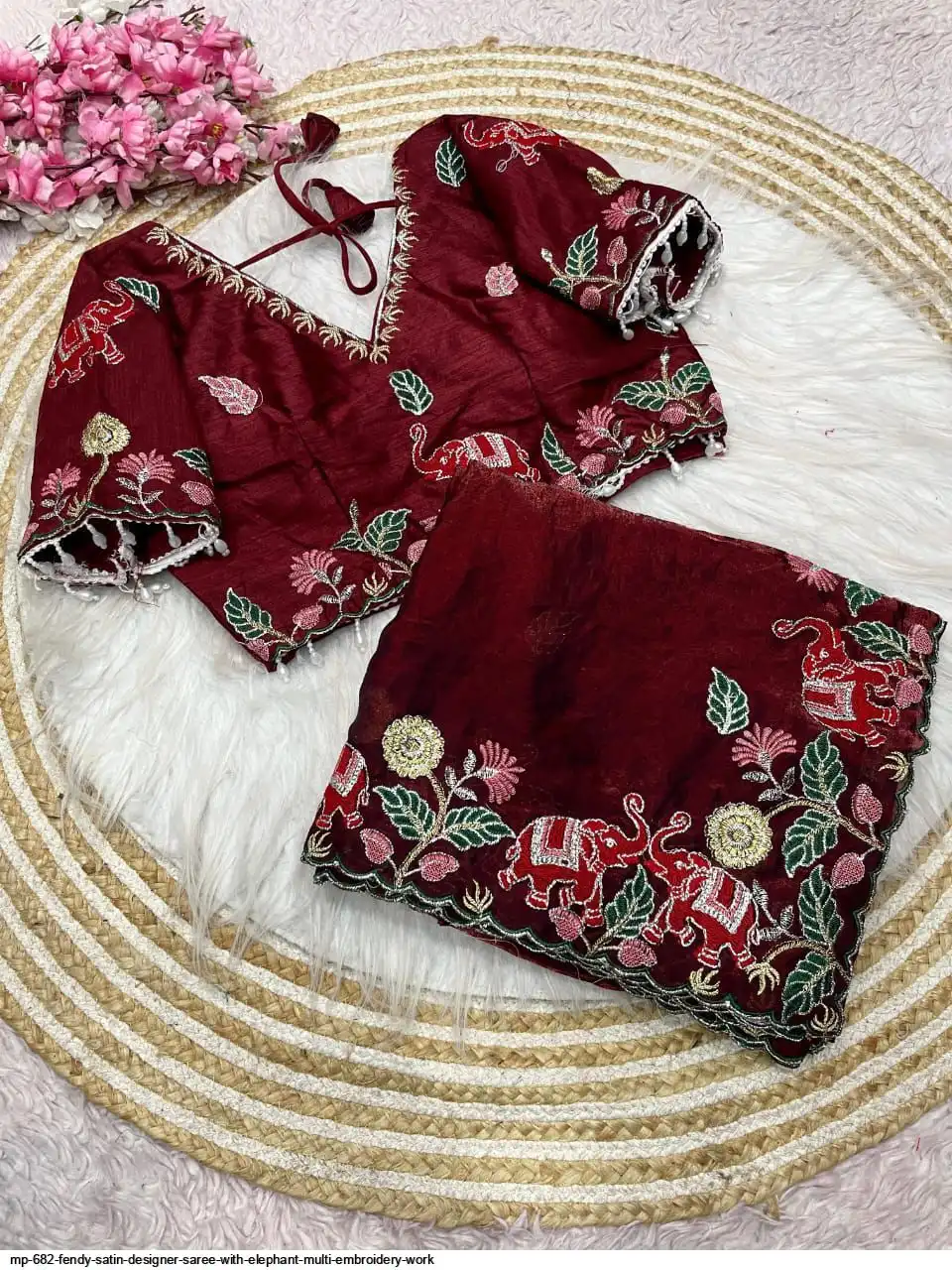 MP-682 Fendy Satin Saree | Elephant & Multi Embroidery Work Wholesale