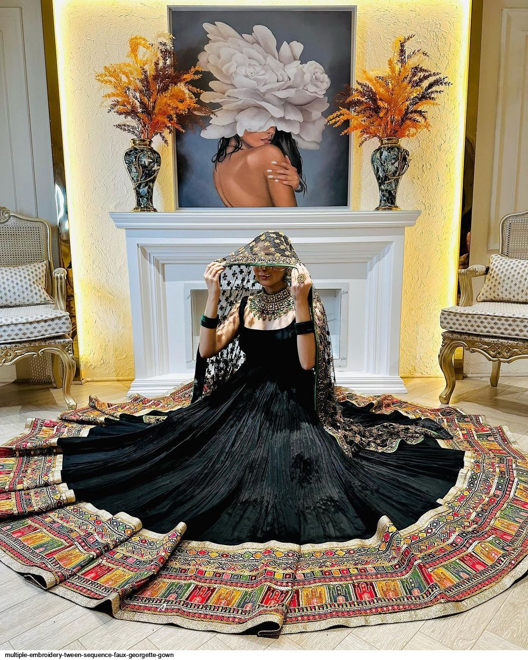 MULTIPLE EMBROIDERY TWEEN SEQUENCE FauX GEORGETTE gown