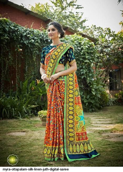 myra Ottapalam silk Linen juth digital saree