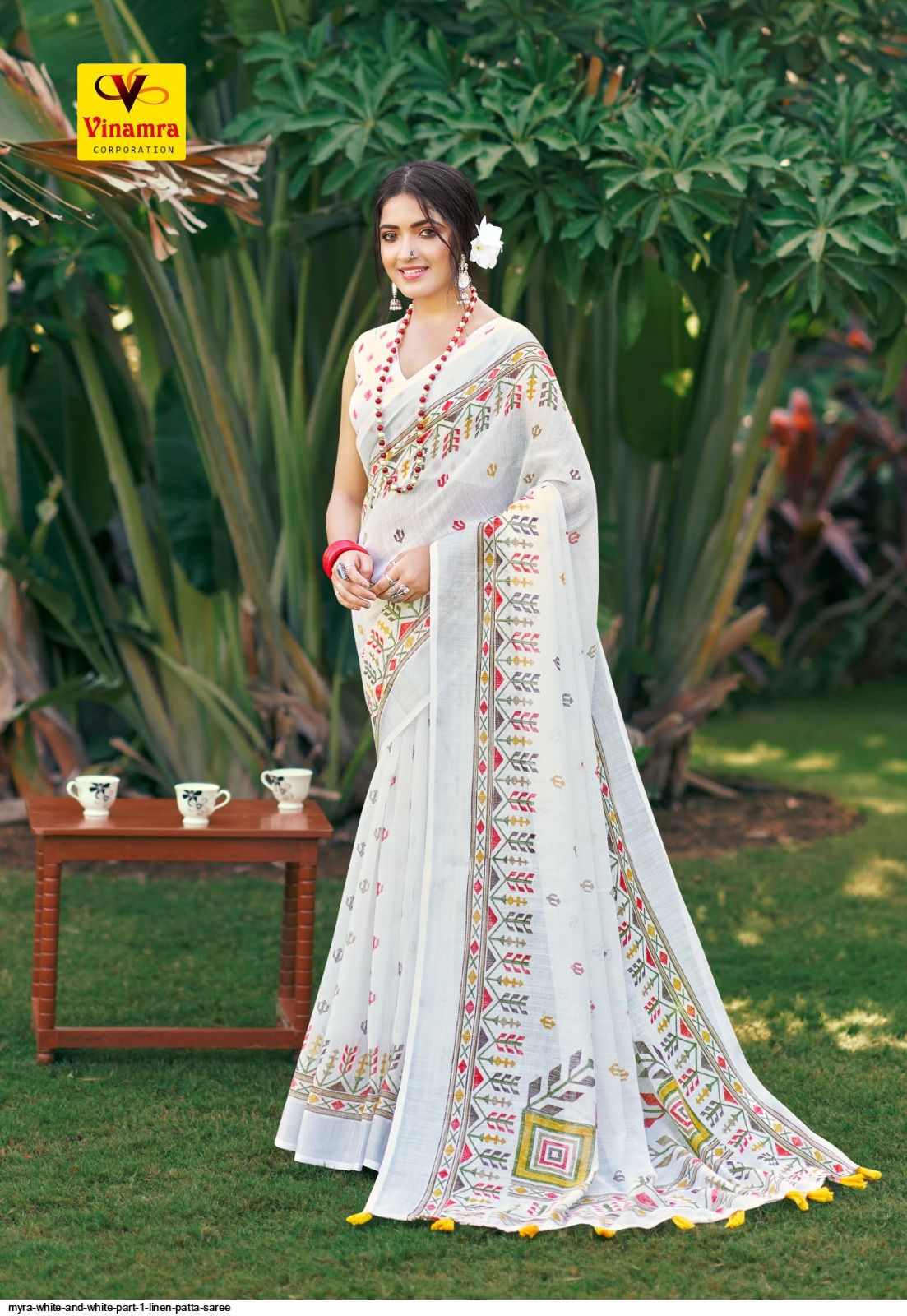 MYRA WHITE AND WHITE PART 1 LINEN PATTA SAREE