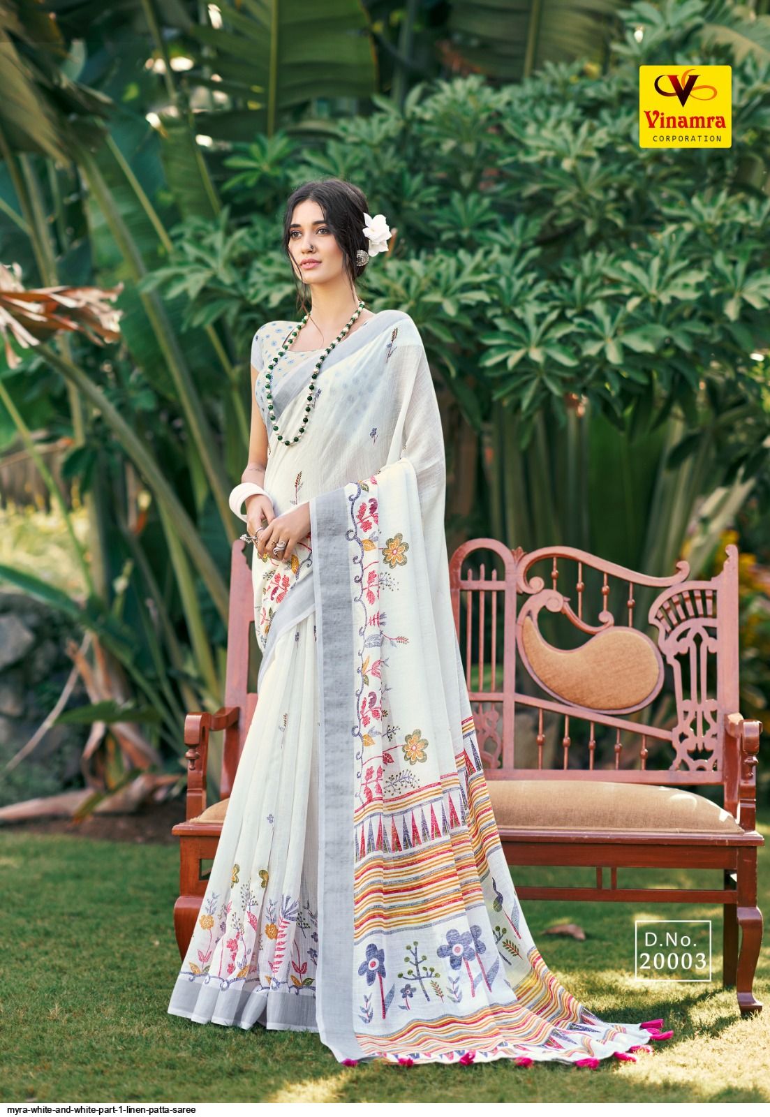 MYRA WHITE AND WHITE PART 1 LINEN PATTA SAREE
