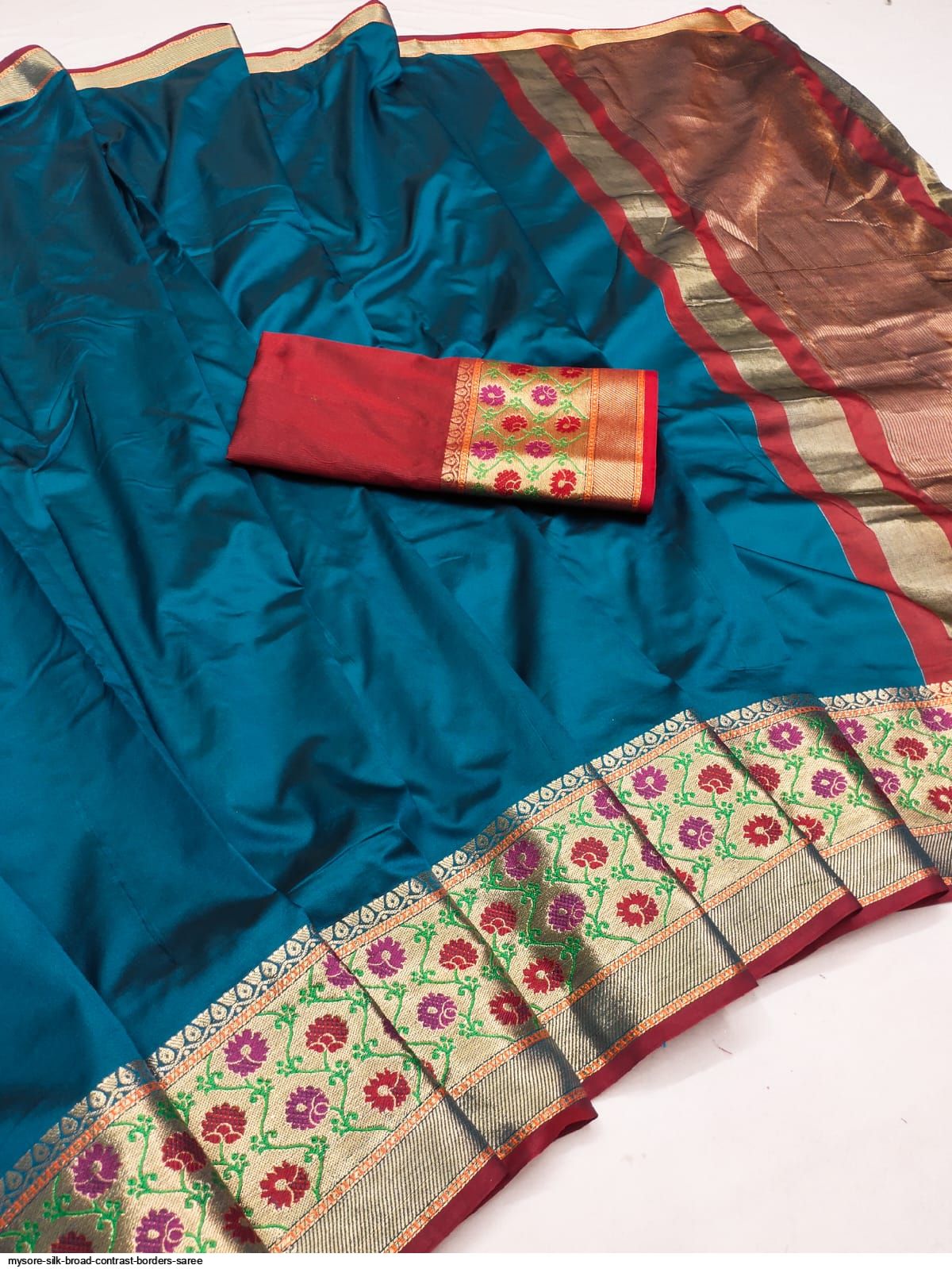 Mysore silk broad contrast borders saree