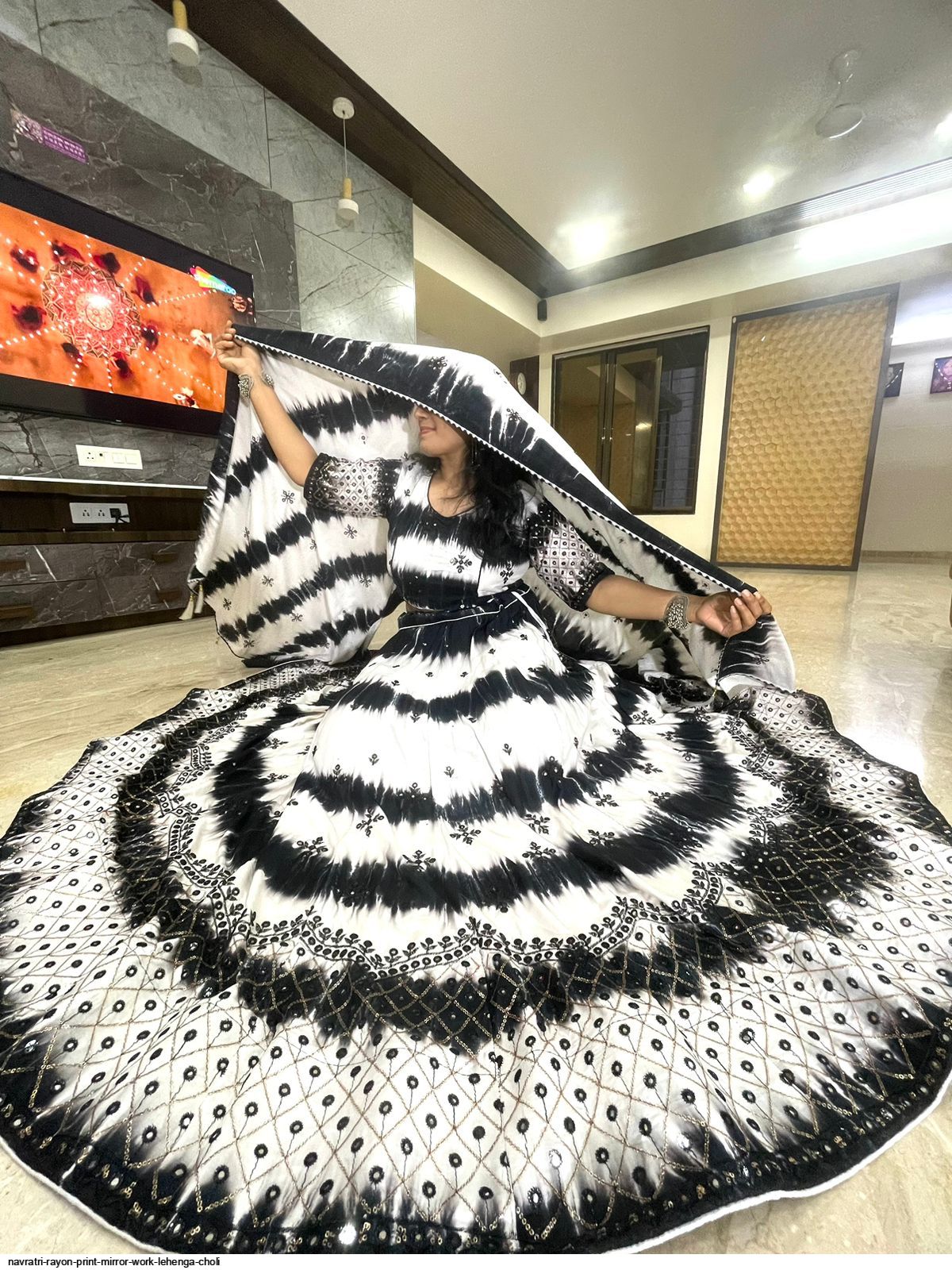 NAVRATRI RAYON PRINT MIRROR WORK LEHENGA CHOLI