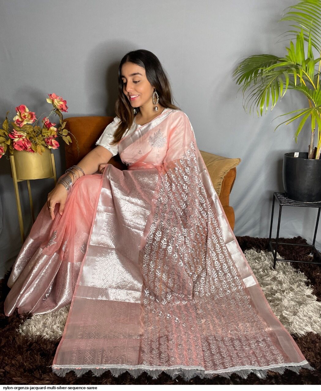 Nylon Orgenza Jacquard Multi Silver Sequence SAREE