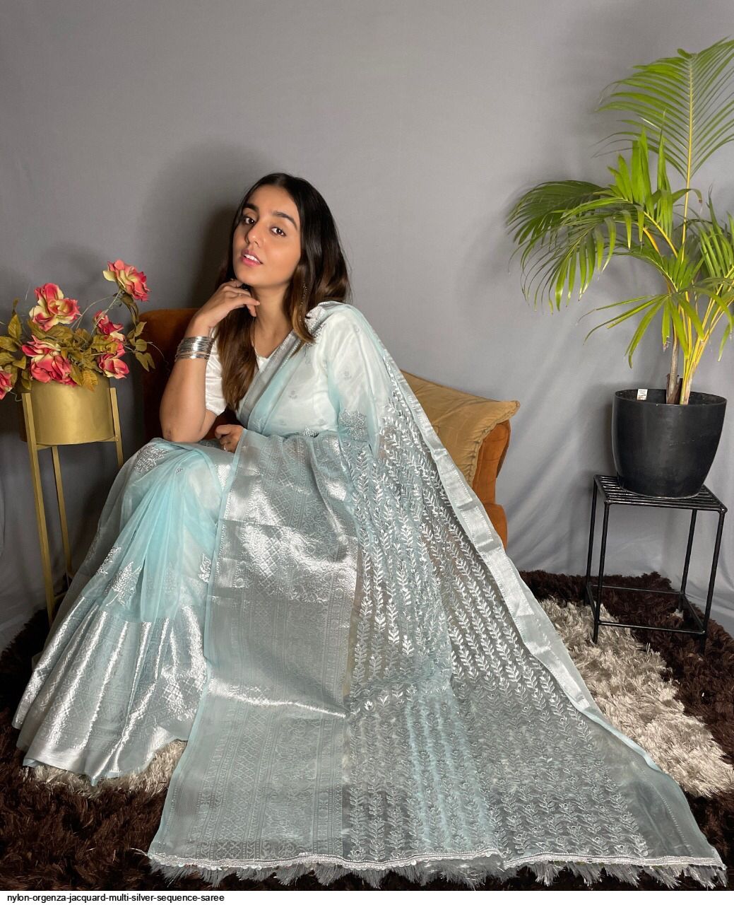 Nylon Orgenza Jacquard Multi Silver Sequence SAREE