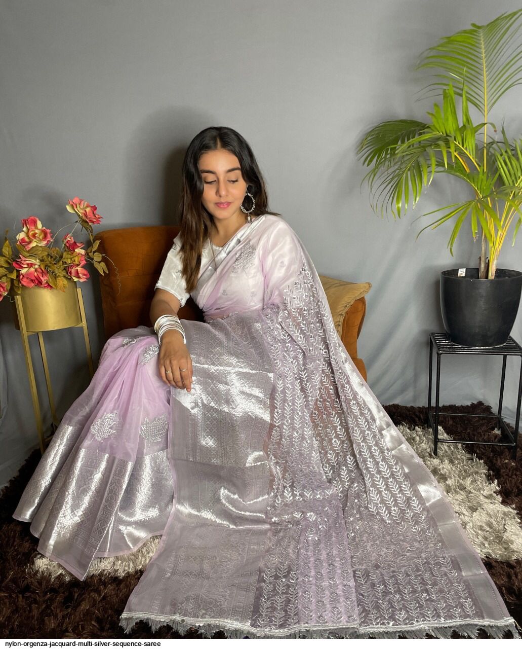 Nylon Orgenza Jacquard Multi Silver Sequence SAREE