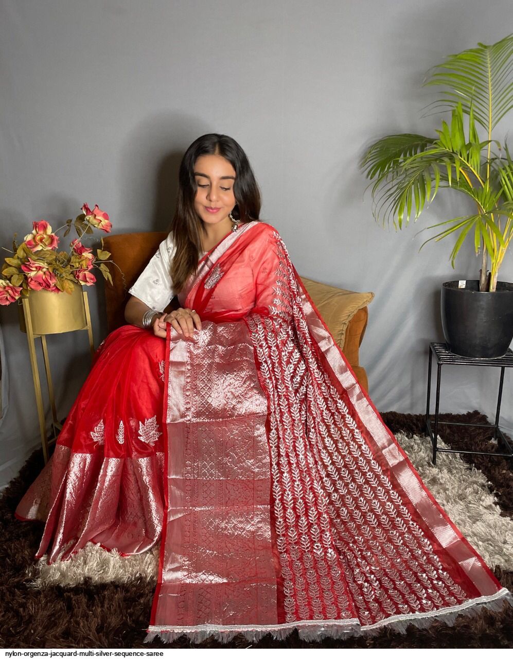 Nylon Orgenza Jacquard Multi Silver Sequence SAREE