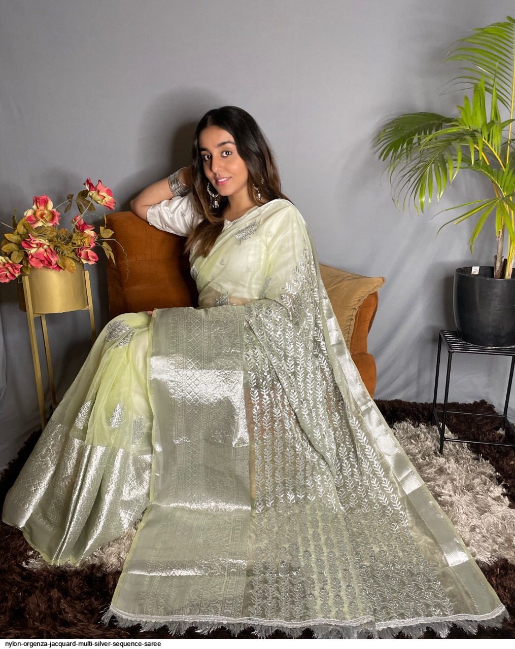 Nylon Orgenza Jacquard Multi Silver Sequence SAREE